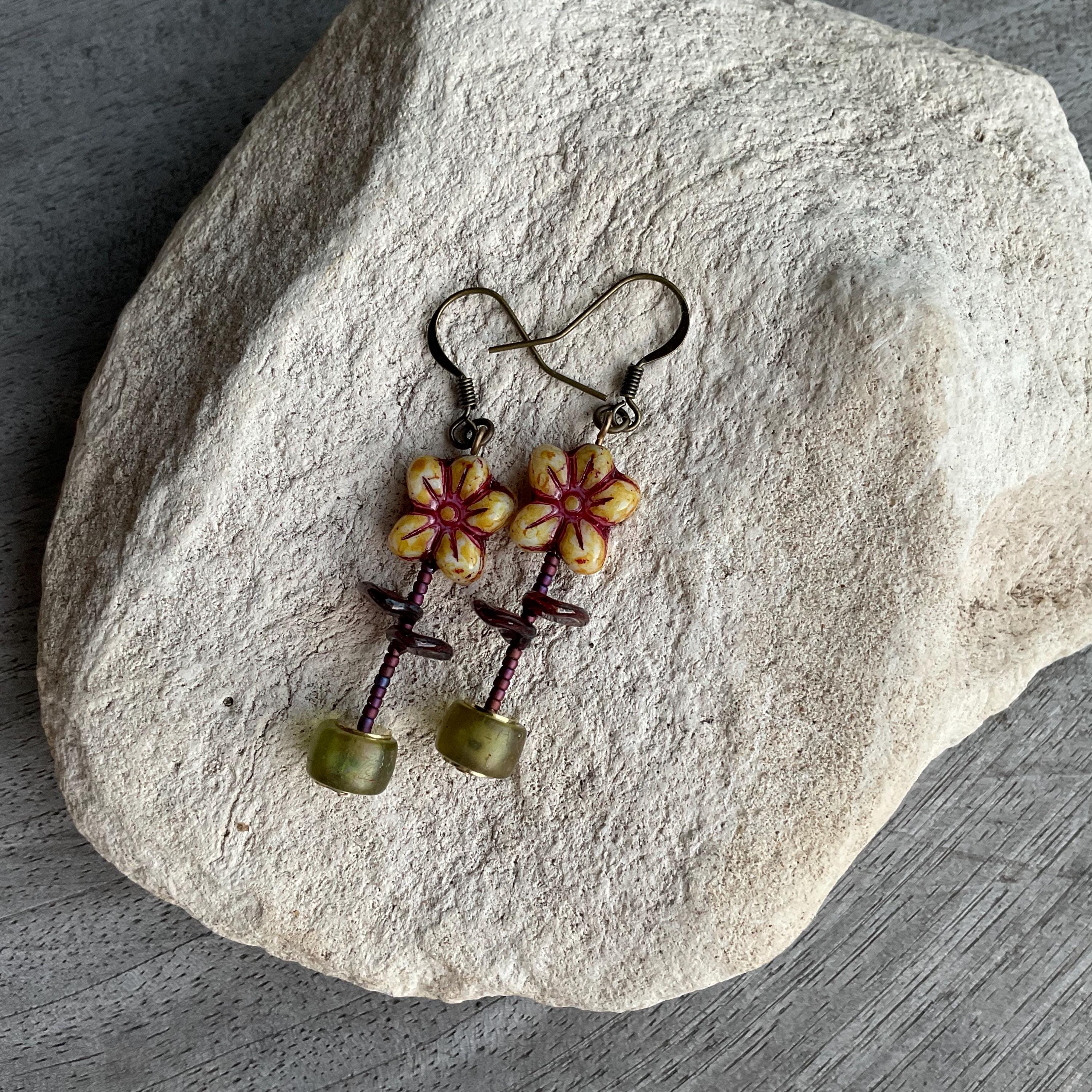 Boho Daisy Earrings: Czech Glass Flower Pot Earrings - Etsy