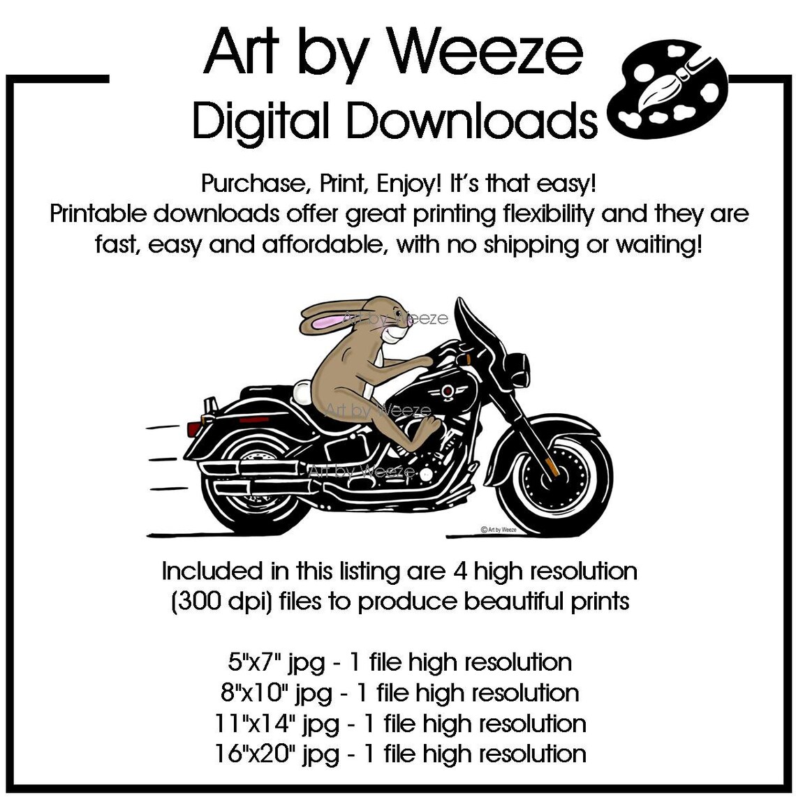 Printable Rabbit Art, Bunny on Motorcycle, Brown Rabbit, Brown Bunny ...