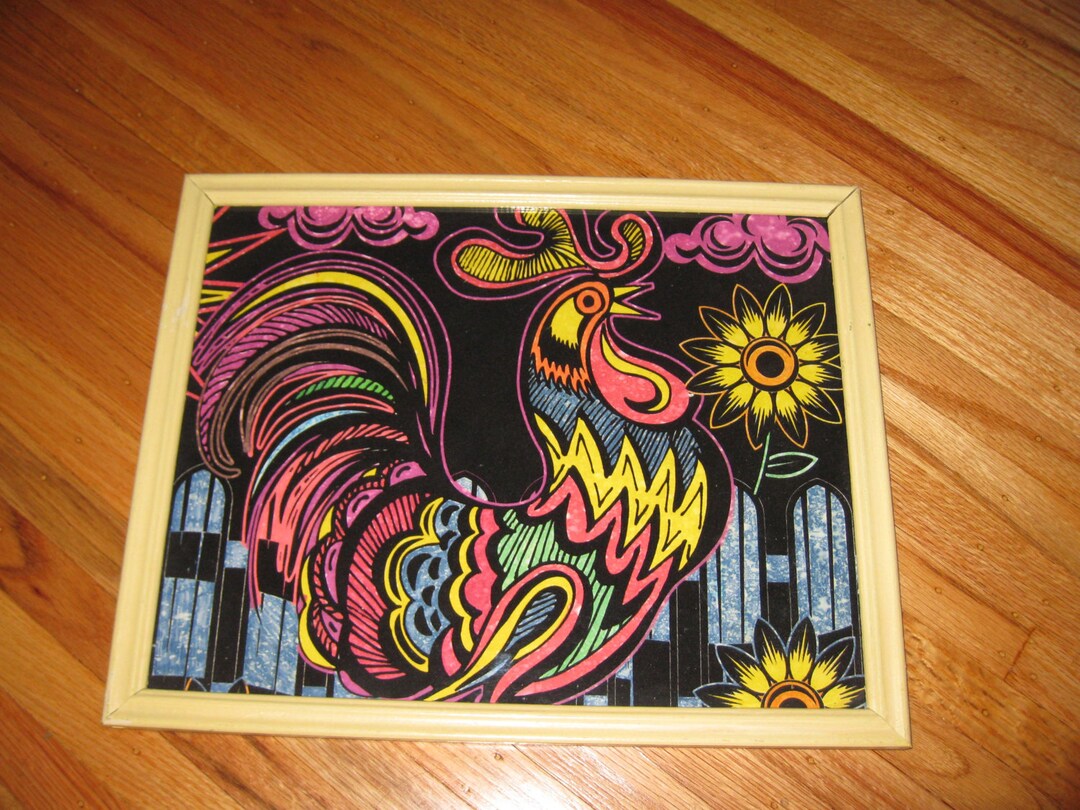 PSYCHEDELIC ROOSTER RAINBOW Color Painted on Black Velvet Cloth or ...
