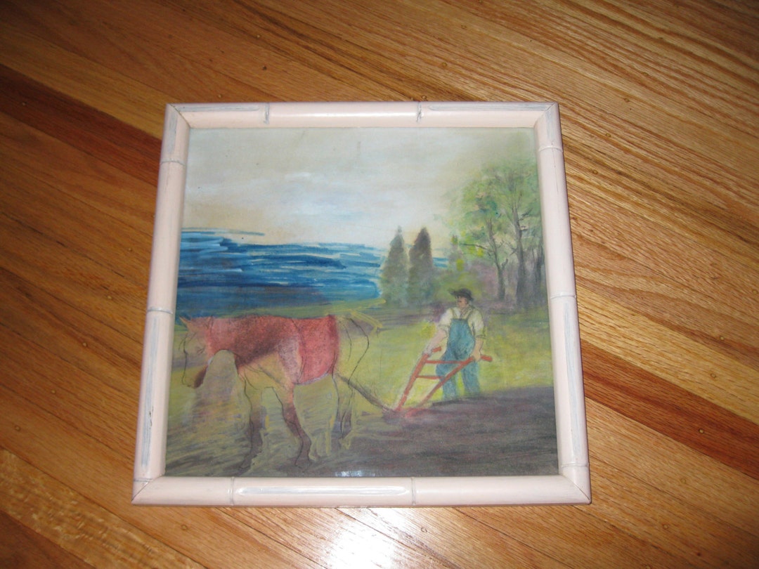 PASTEL DRAWING Farmer Tilling Field With Horse in White Bamboo Style ...