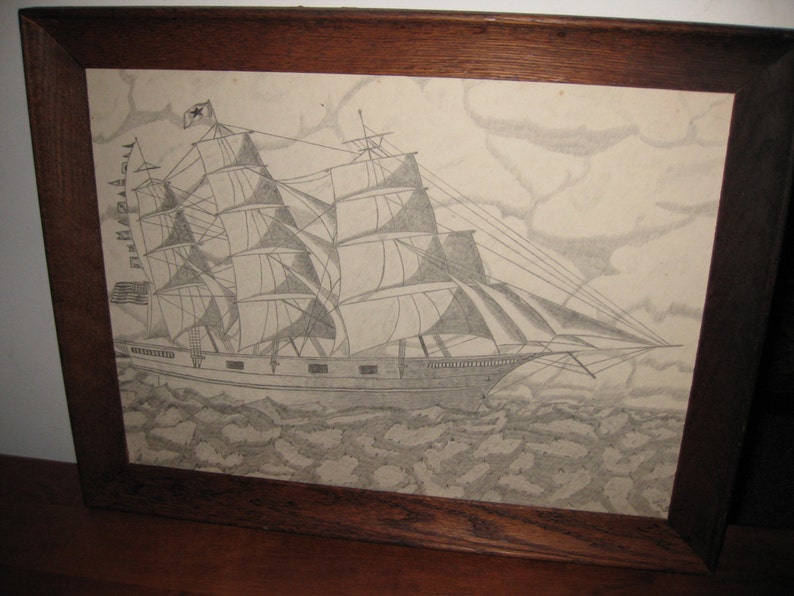 VINTAGE CLIPPER SHIP Pencil Drawing Ship With Flags on Mast - Etsy
