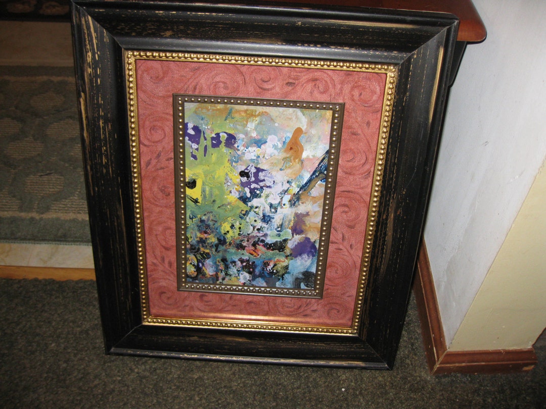 VINTAGE SPLASH PAINT Art in Black Worn Paint Wood Gesso Frame 18 1/2" X ...