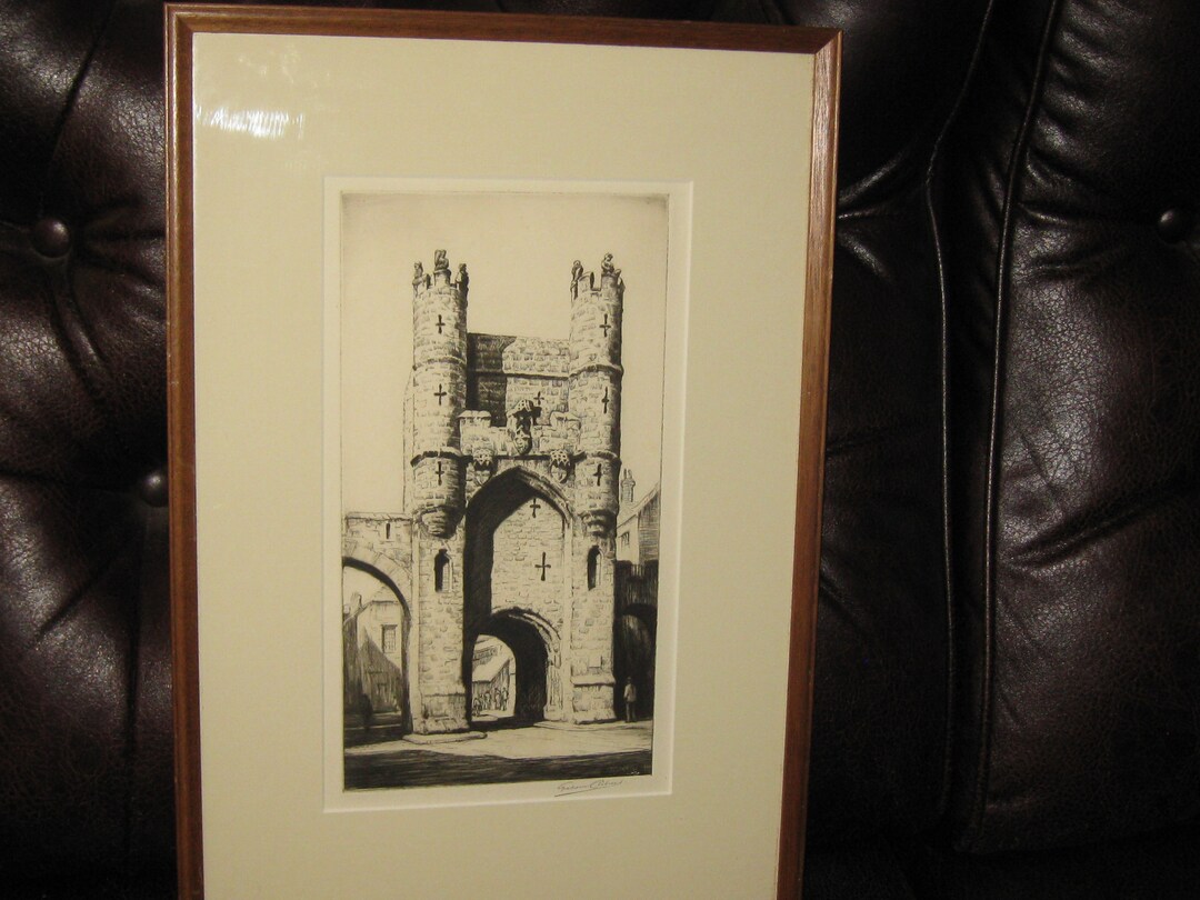ENGRAVING CASTLE ENTRANCE Fortress With Crosses Cherubs on Top Signed ...