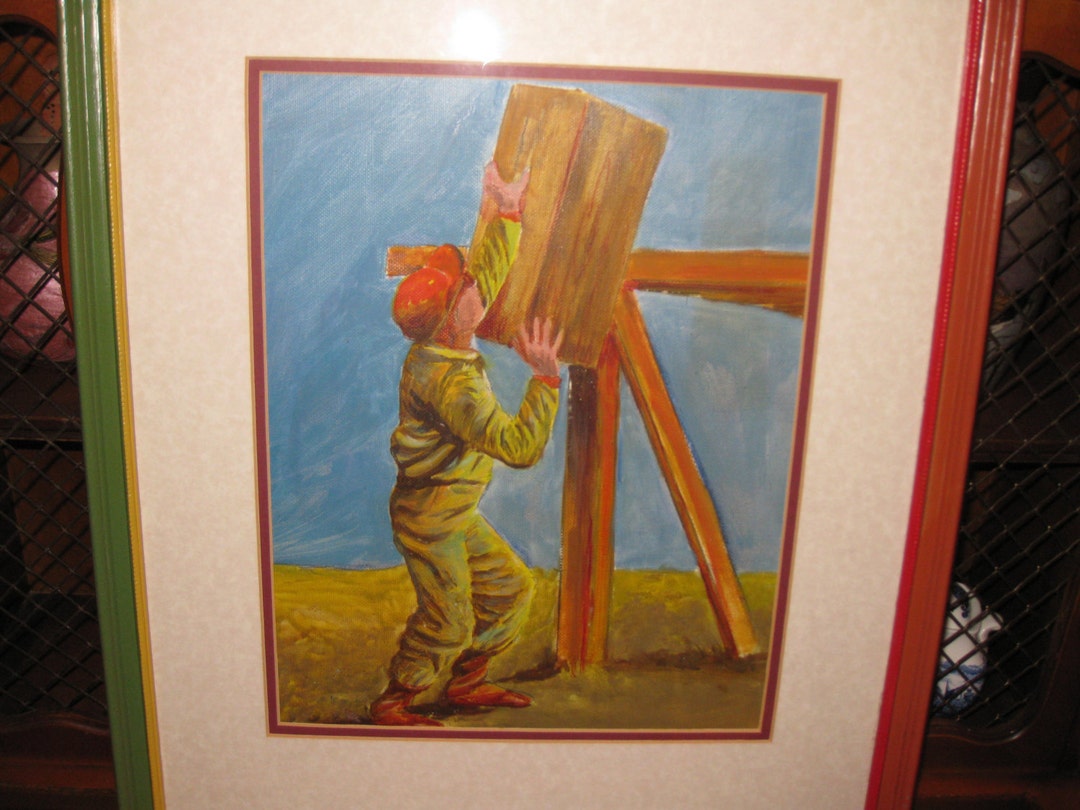 FRAMED VINTAGE Painting-man Lifting Block of Wood 1960s From Upstate N ...