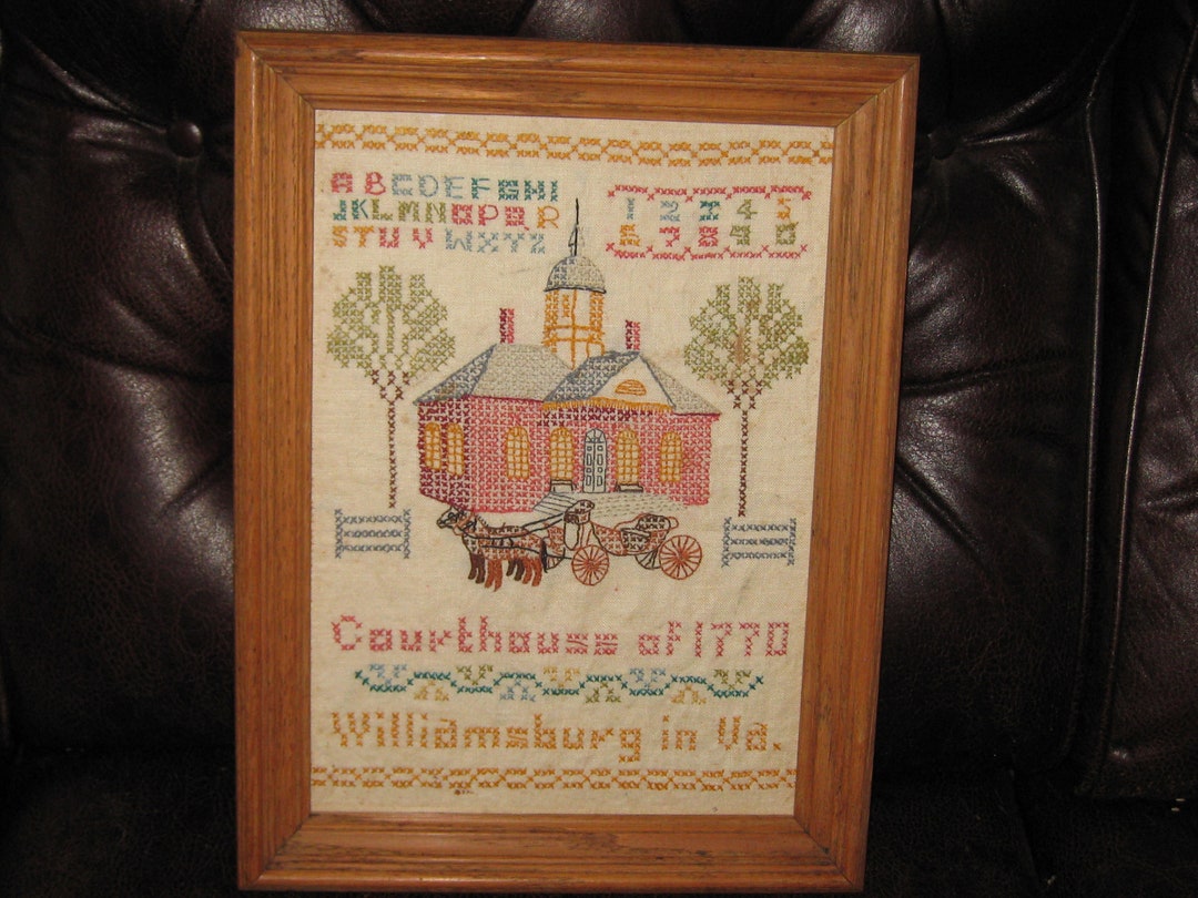 COURTHOUSE OF 1770 WILLIAMSBURG Framed Completed Cross Stitch Sampler ...