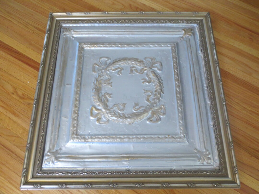 FRAMED ANTIQUE CEILING Tile 28" X 28" in Goltone Wood Frame, the Tile ...