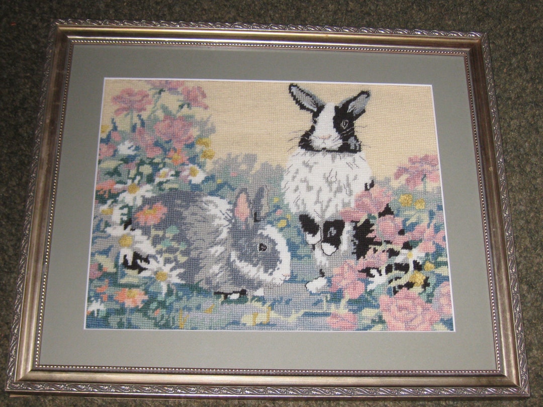 COMPLETED RABBIT NEEDLEPOINT Two Rabbits Black and White and Grey and ...