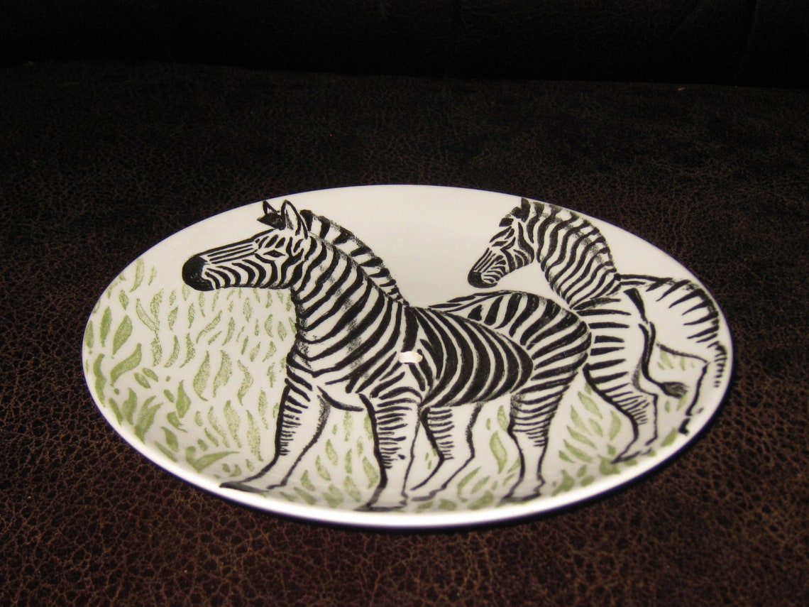 CERAMIC ZEBRA PLATE 7 1/4 Across Hole Drilled In Middle | Etsy