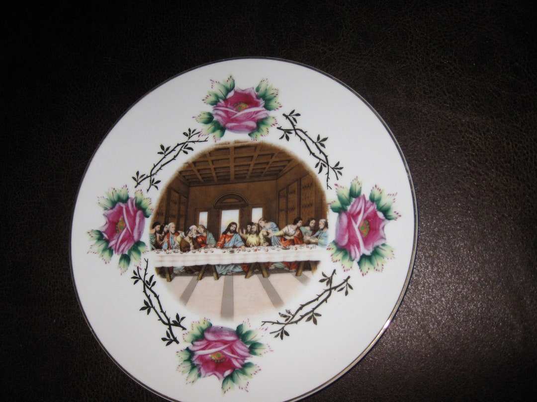LAST SUPPER CERAMIC Plate Image Last Supper Surrounded by Roses Gold ...