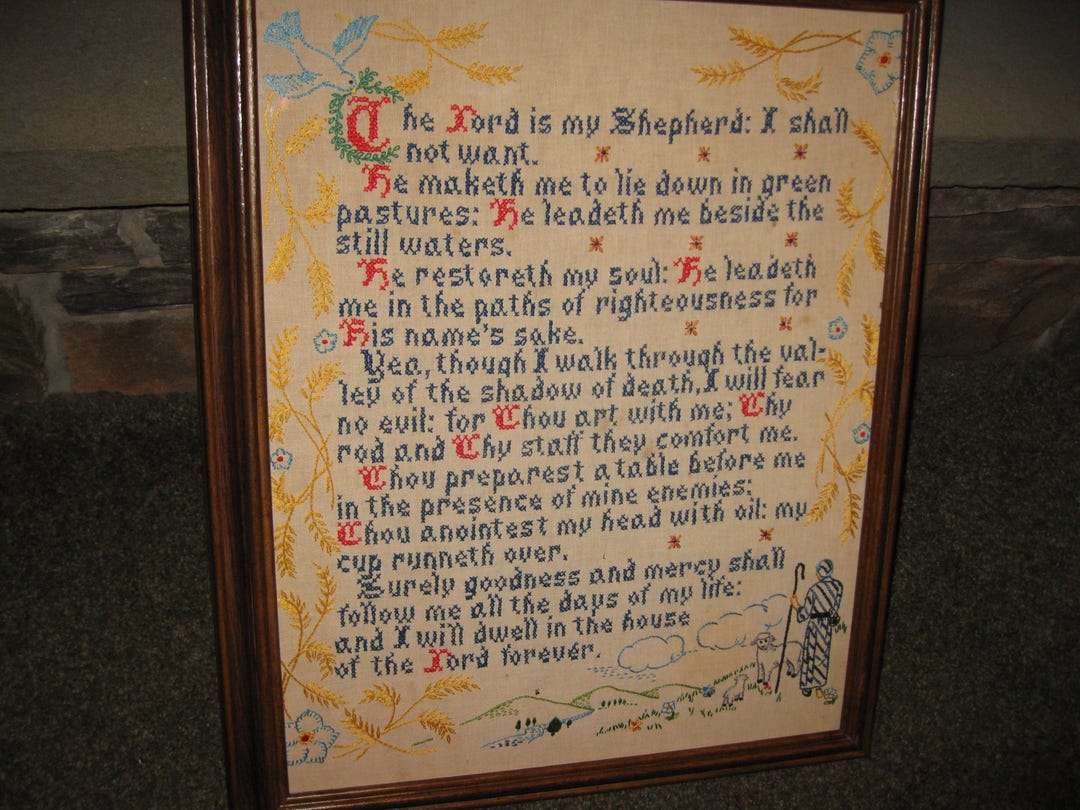COMPLETED 23rd PSALM Cross Stitch Wood Frame 18 3/4" X 22 3/4 ...