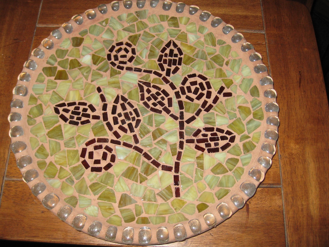 GLASS ART MOSIAC Plate Vintage Mosiac Platter 12 3/4" Glass Plate With ...