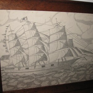 VINTAGE CLIPPER SHIP Pencil Drawing Ship With Flags on Mast Signed ...