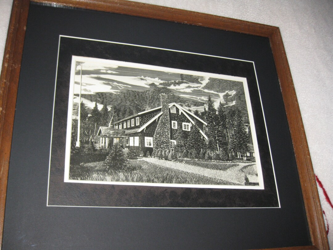 VINTAGE SCRATCHBOARD DRAWING by Artist Marle Lileccler in Wood Frame ...