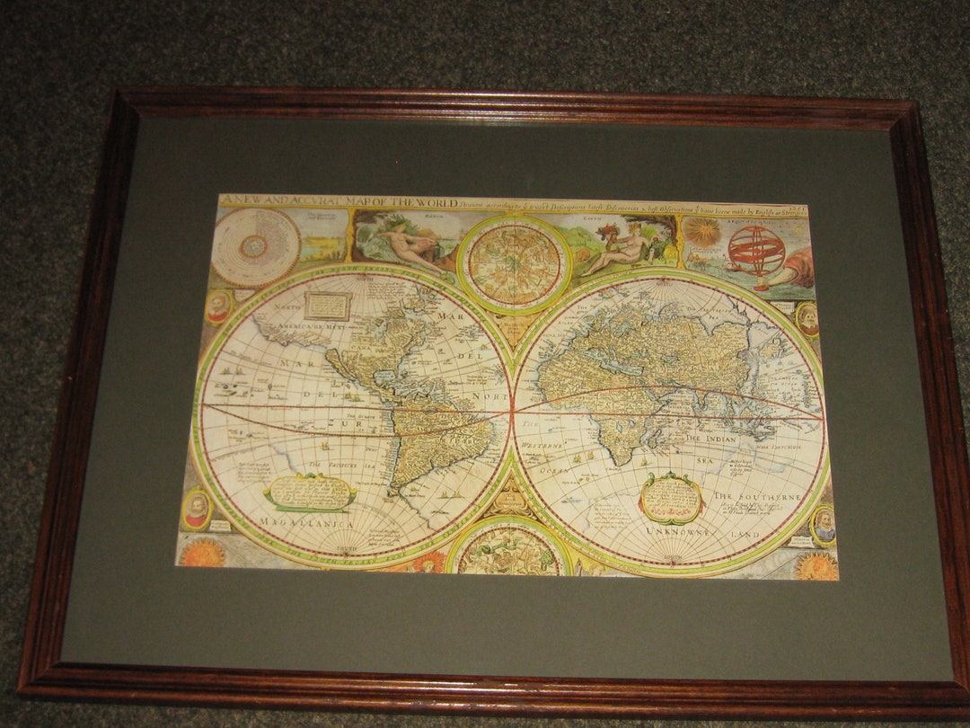 MAP of THE WORLD Framed Vintage "a New and Accrvat Map of the World ...