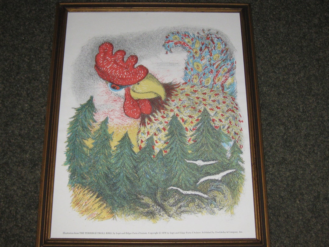 THE TERRIBLE TROLL Bird 1976 Framed Illustration Antique Wood Frame 15 ...