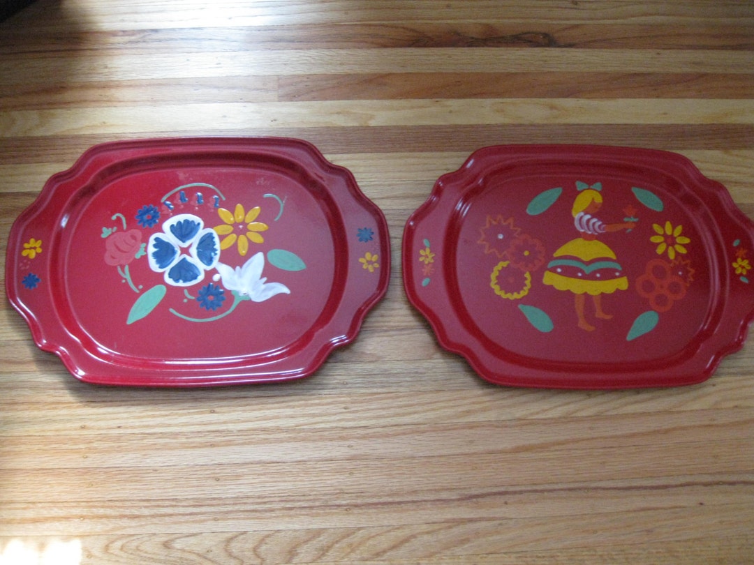 RED METAL TRAYS Hand Painted Folk Art Red Enamel 50s-60s Mid Century ...