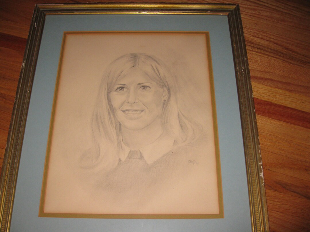 1969 CHARCOAL DRAWING Beautiful Young Lady by T M Kelly Goldtone Wood ...