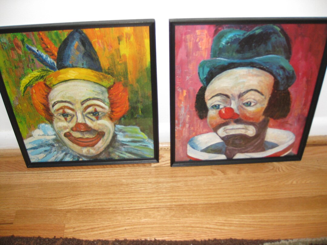 CLOWN FACES FRAMED Two Prints Clown Faces Framed in Black Wood Frame by ...