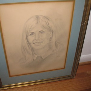 1969 CHARCOAL DRAWING Beautiful Young Lady by T M Kelly Goldtone Wood ...