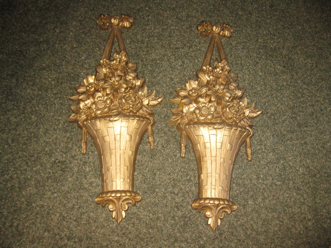 1964 SYROCO INC (2) WALL Bouquets 20 1/4" X 8 1/4" X 2" Gold Decor Mid ...