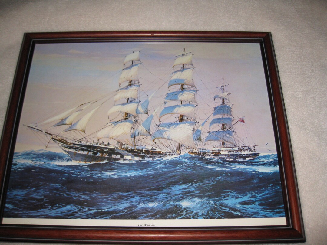 THE WAIMATE Mid Century Textured Print of Clipper Ship in Wood Frame 14 ...