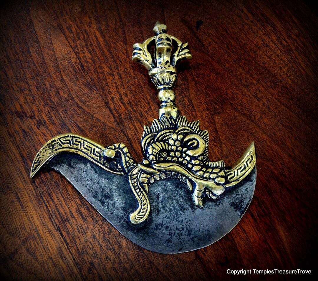 Sacred Buddhist Kartika Blade Dorje Handled Brass Ritual Object Dragon ...