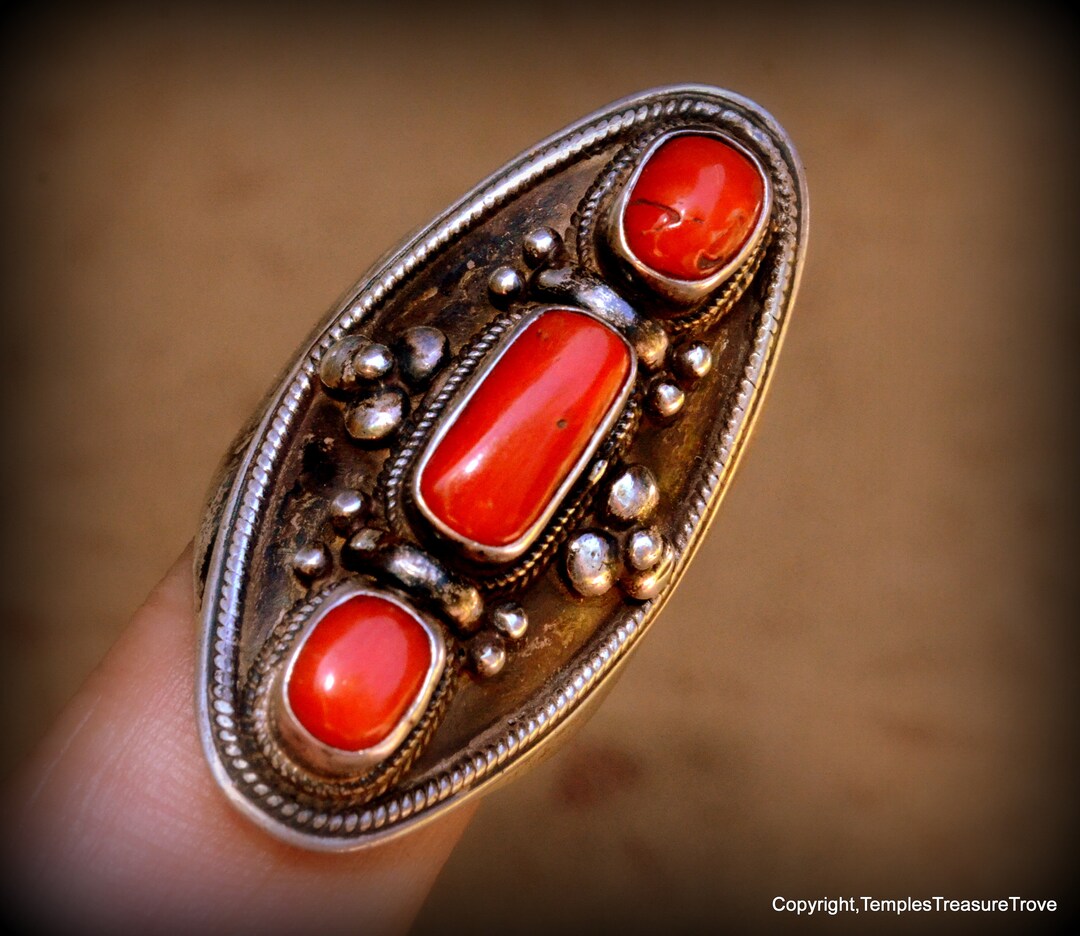 Precious Mediterranean Red Coral Saddle Ring~size 9 1/4 Lush Red Coral ...