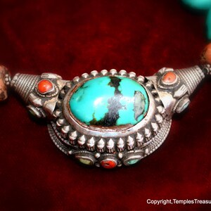 Tibetan 925 Turquoise and Coral Necklace With Antique Hair Ornament ...