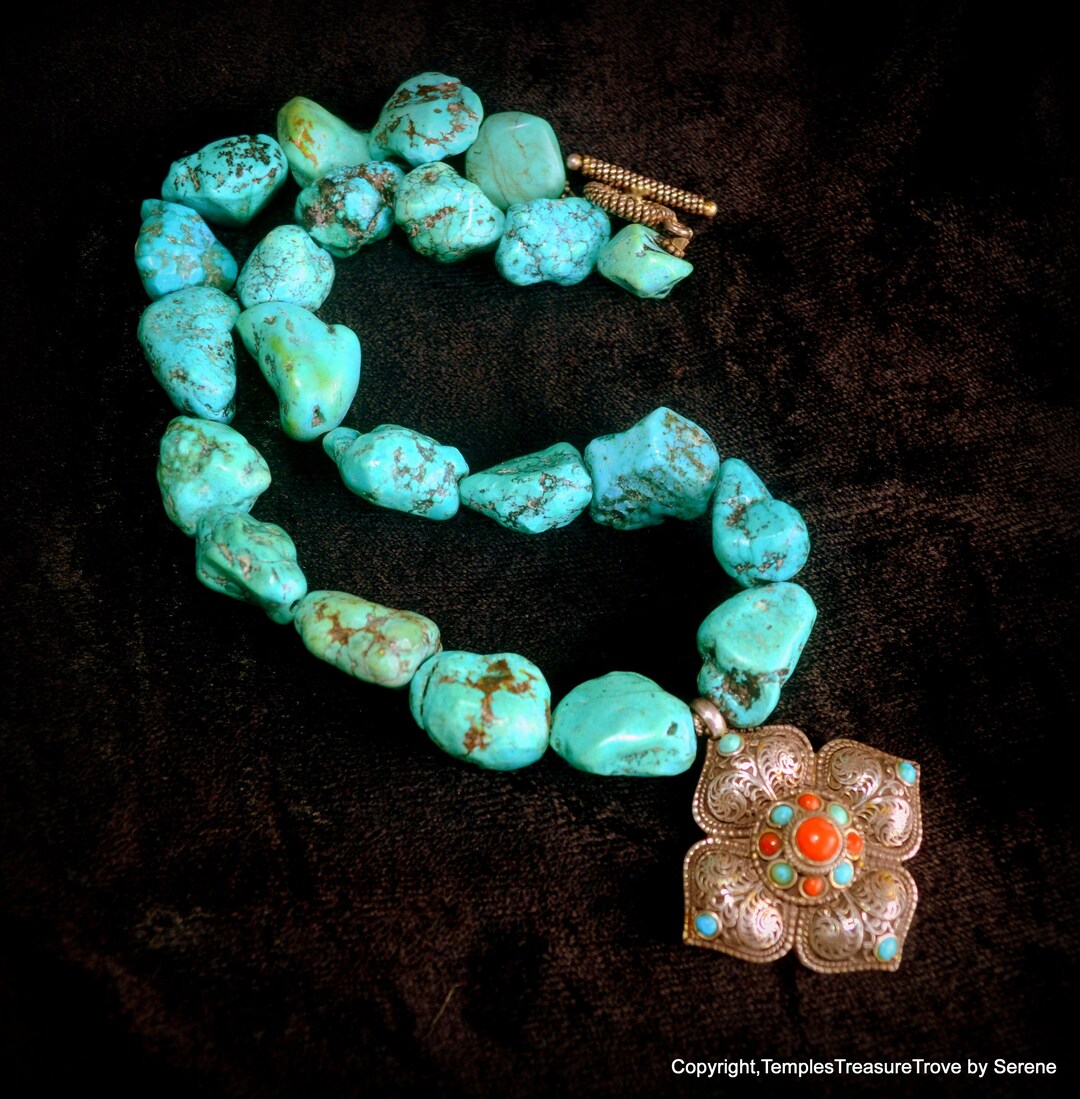 Nepalese Blue Green Nugget Turquoise and Sterling Pendant Necklace ...