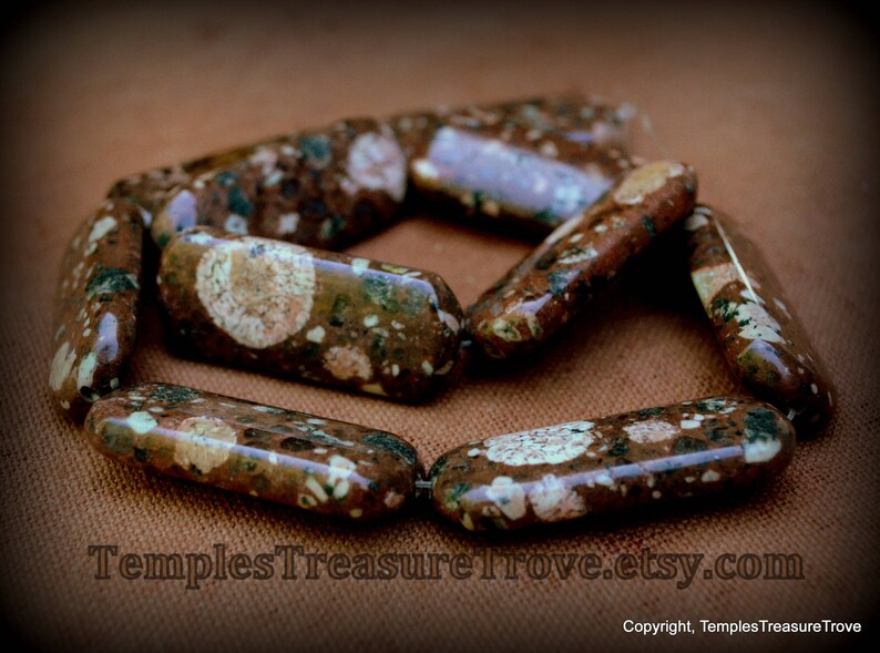 Tabular Fossil Stone Bead Strand/ Brown and Beige Tabular Fossil Stone ...