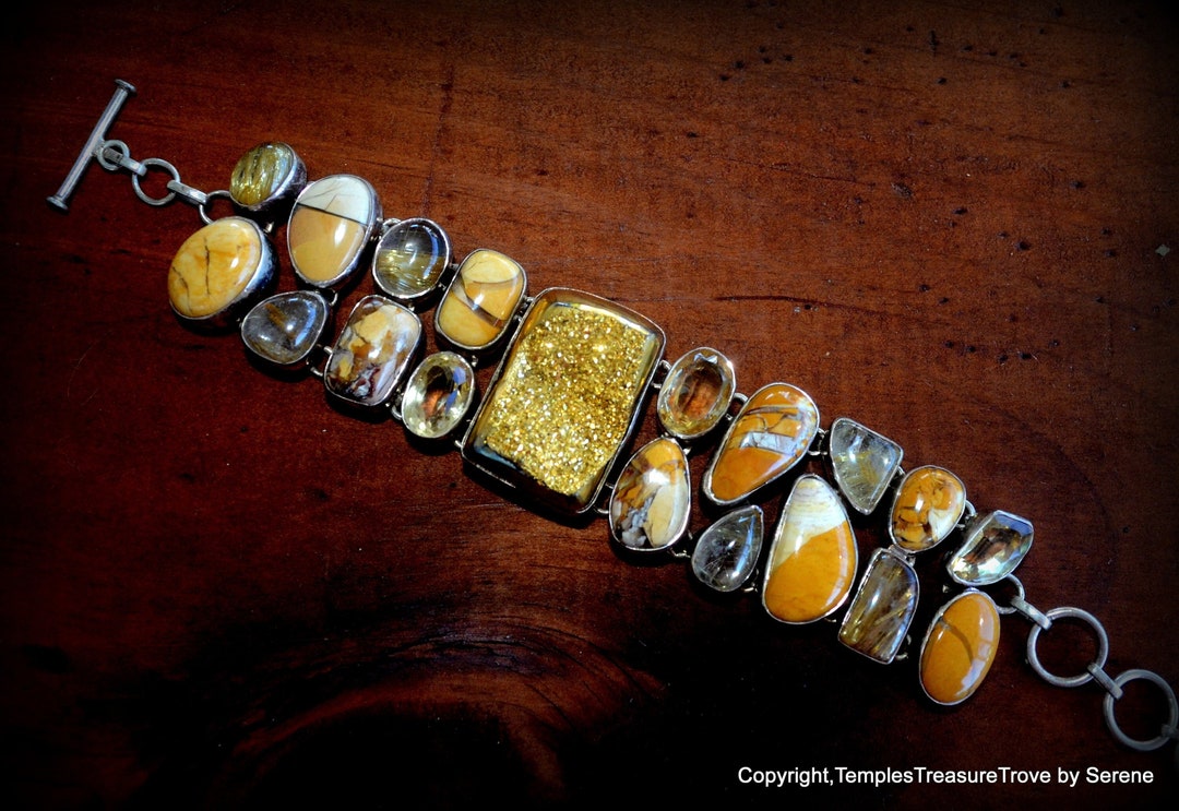 Golden Druzy Mookaite Rutilated Quartz and Citrine Cluster Bracelet ...
