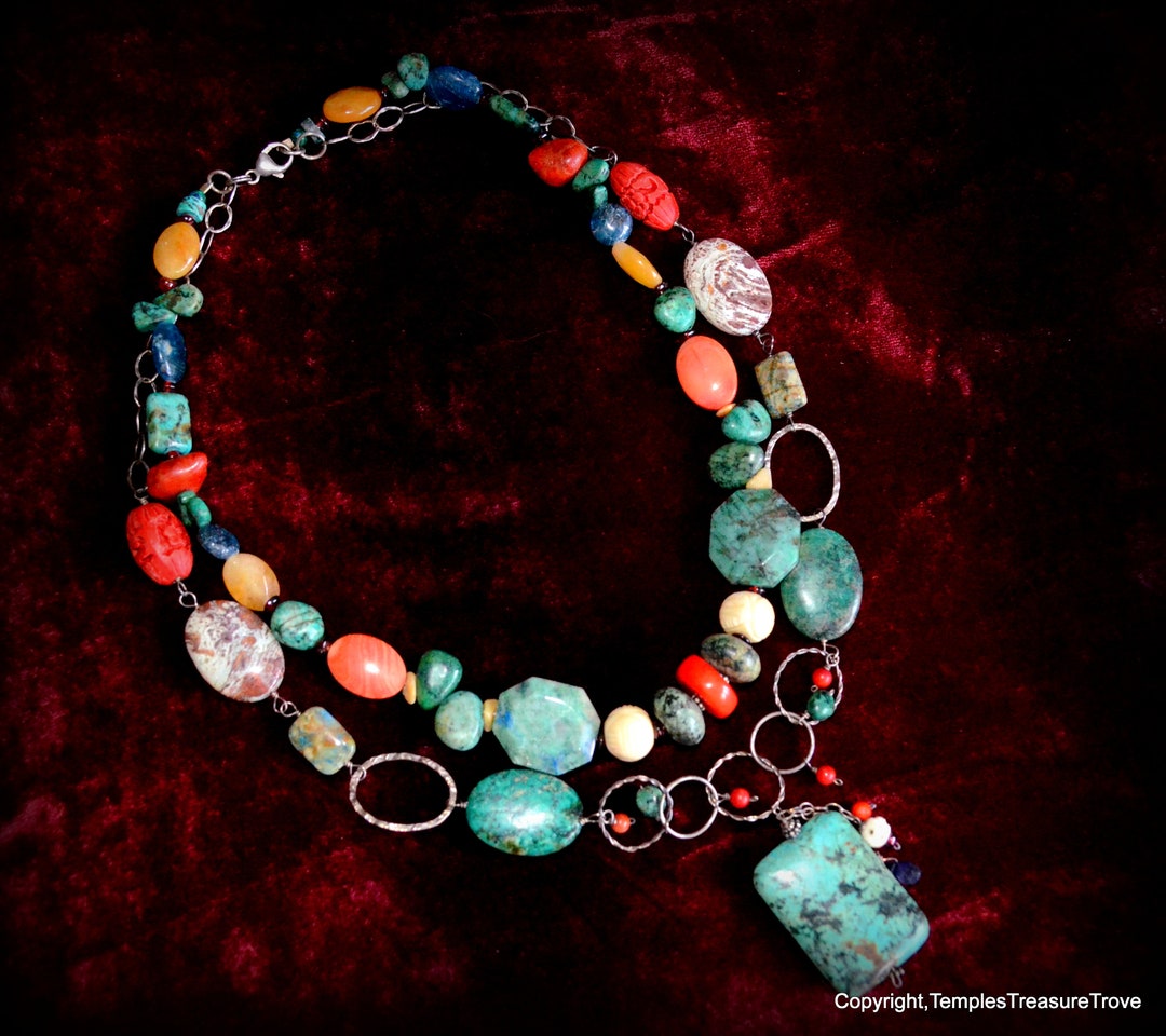 925 Sterling Silver 2 Strand Turquoise Coral Carved Bone Jasper Garnet ...