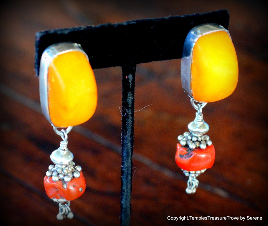 Baltic Eggyolk Amber Mediterranean Red Coral and 925 Earrings~mcm ...