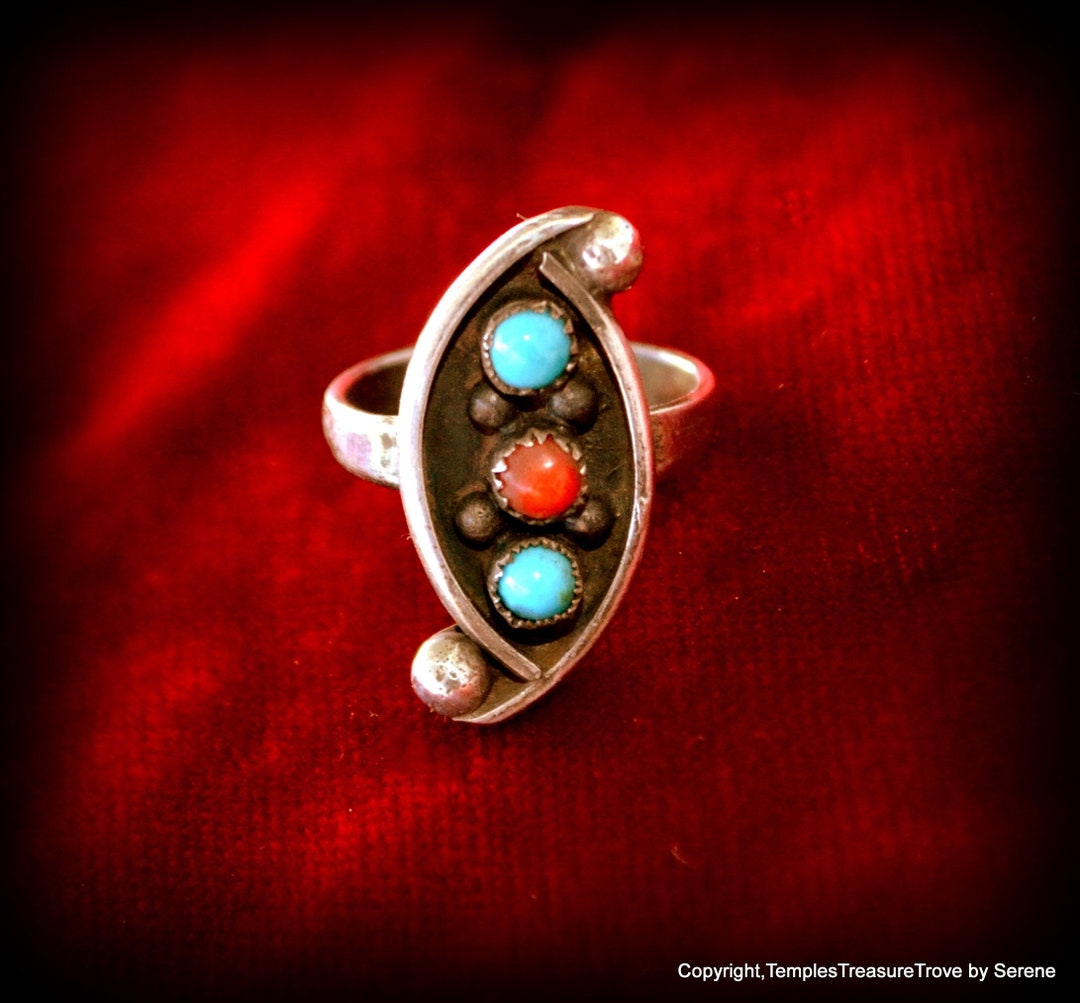 Sterling NAVAJO Turquoise & Coral Petit Point~us Ring Size 4.5~sterling ...