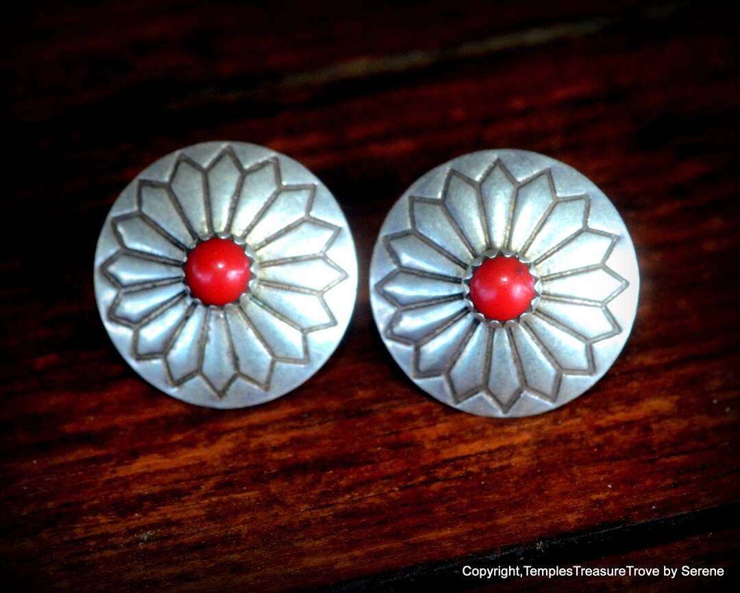 Navajo Concho Stud Earringsred Coral Earringsnavajo Concho Stud ...