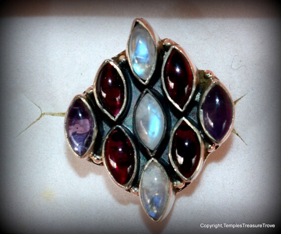 Moonstone Amethyst Garnet Cluster Ring~Size 8.5 US St… - Gem