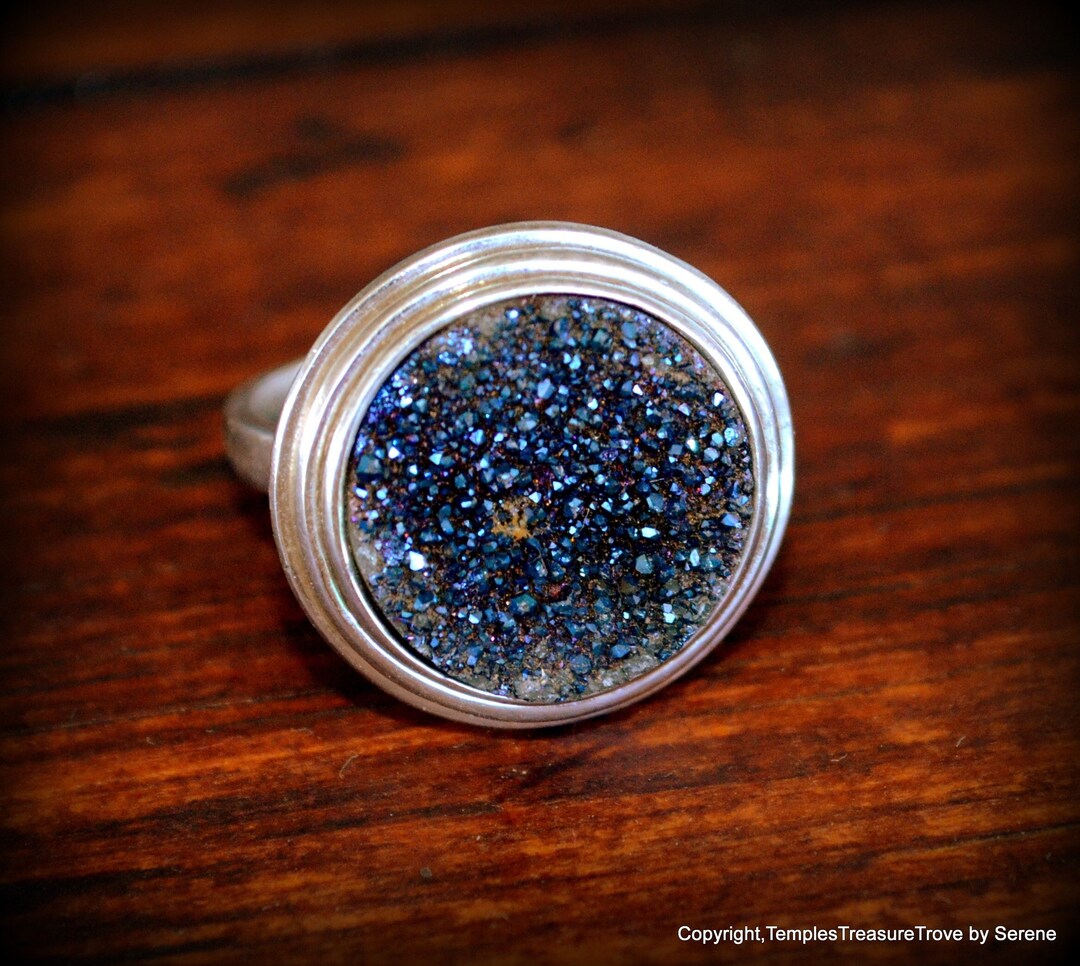 Signed Iridescent Druzy Ring Size 8~titanium Flashed Deep Blue Druzy ...