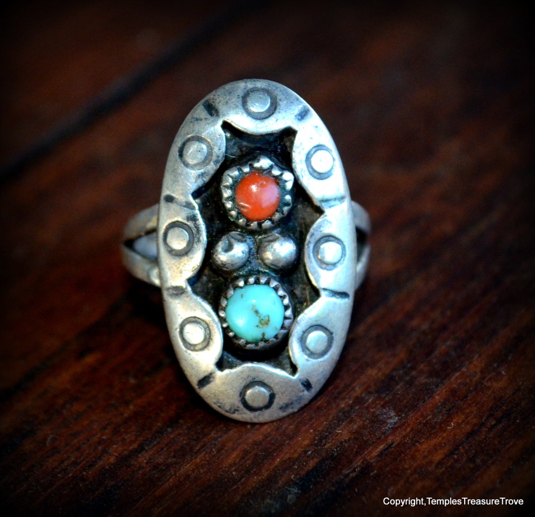 Navajo Turquoise Red Coral Ring Size 5 3/4signed Turquoise & Coral ...