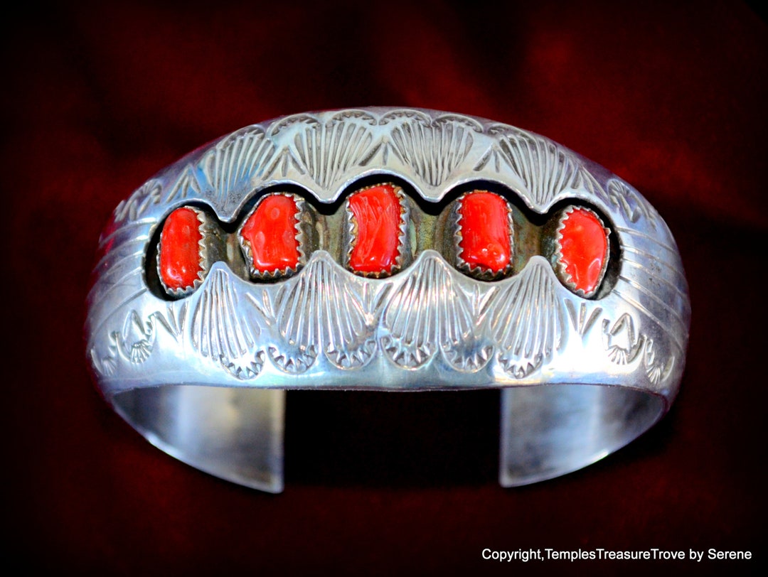 Signed "p Benally" Red Coral and 925 Shadowbox Cuff Bracelet~navajo ...