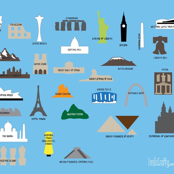 World Map of Landmarks - Etsy