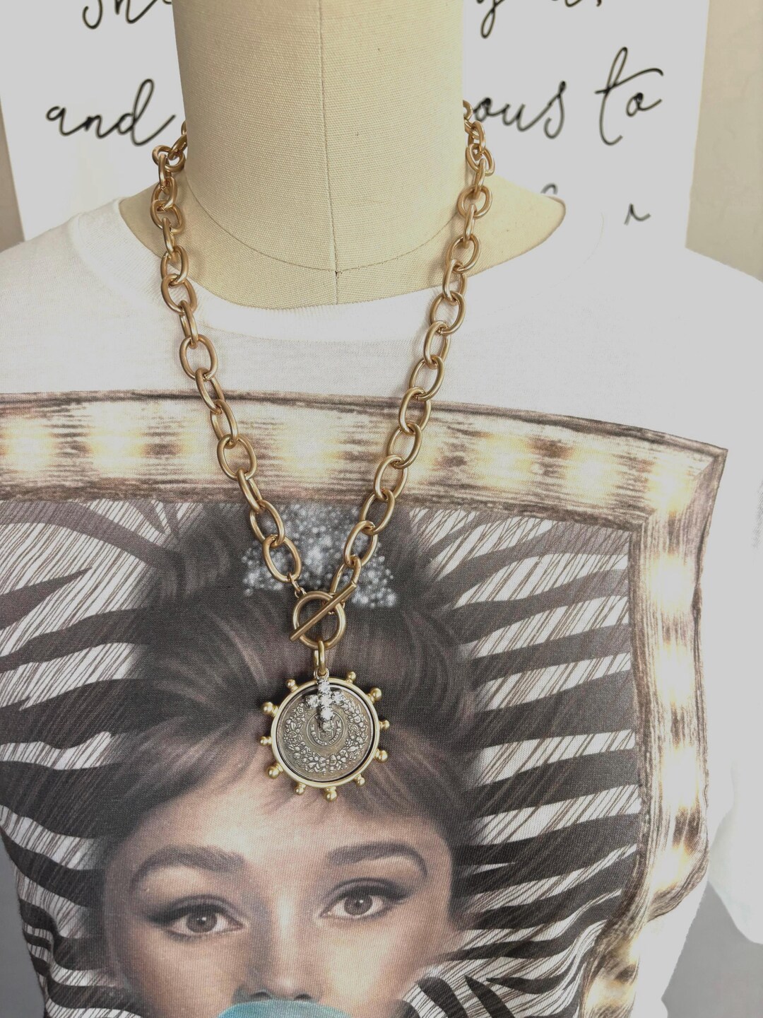 French Coin Bling Cross Necklace 20” - Etsy