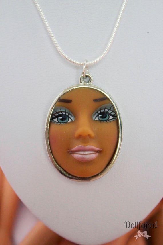 Barbie Doll Face Necklace Blue Eyes and Shimmer Pink Lips | Etsy
