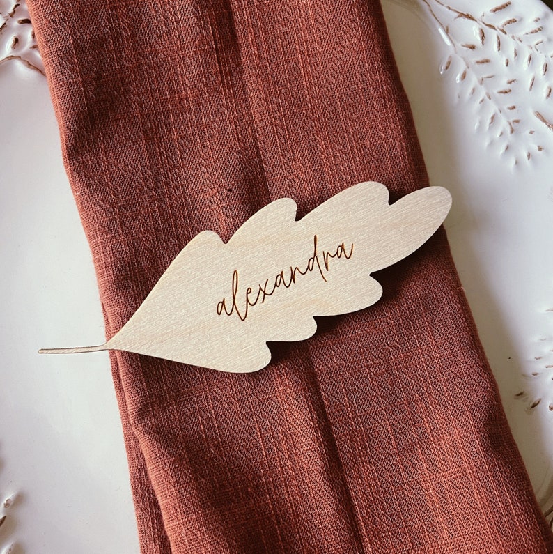 Holiday Table Setting Name Tags. Wooden Engraved Name Tags. Leaf Shape ...