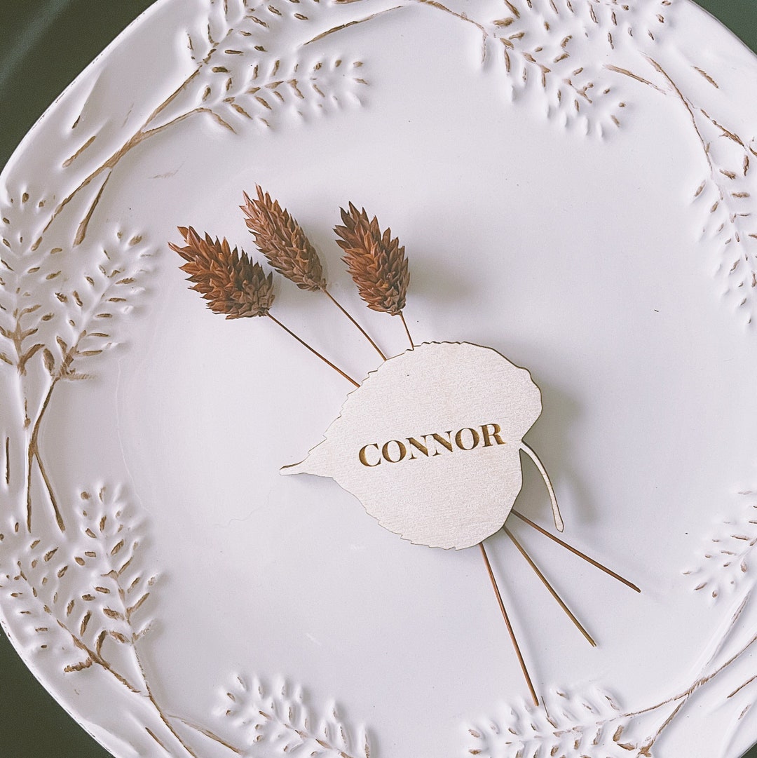 Holiday Table Setting Name Tags. Wooden Engraved Name Tags. Leaf Shape ...