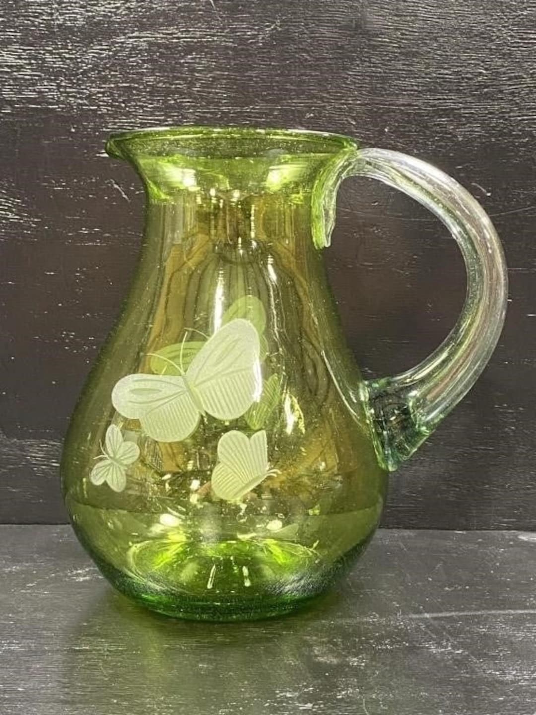 Vintage Green Hand Blown 9" Butterfly Pitcher - Etsy