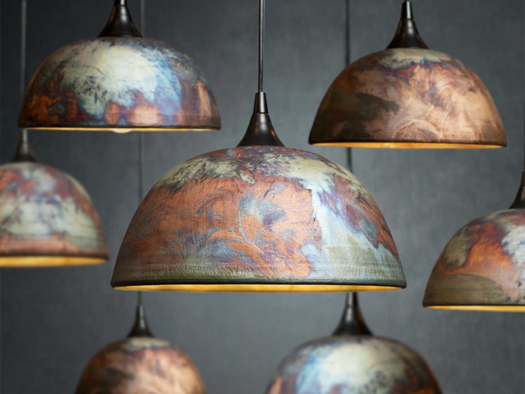Large Custom Raku Ceramic Pendant Lights: Copper Blue Green Pottery ...