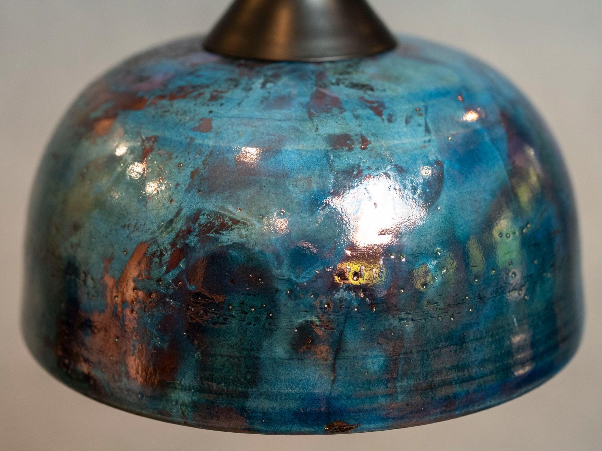 Pendant Light, Lapis Blue, Raku Fired Ceramic Hanging Lamp, Reflective ...