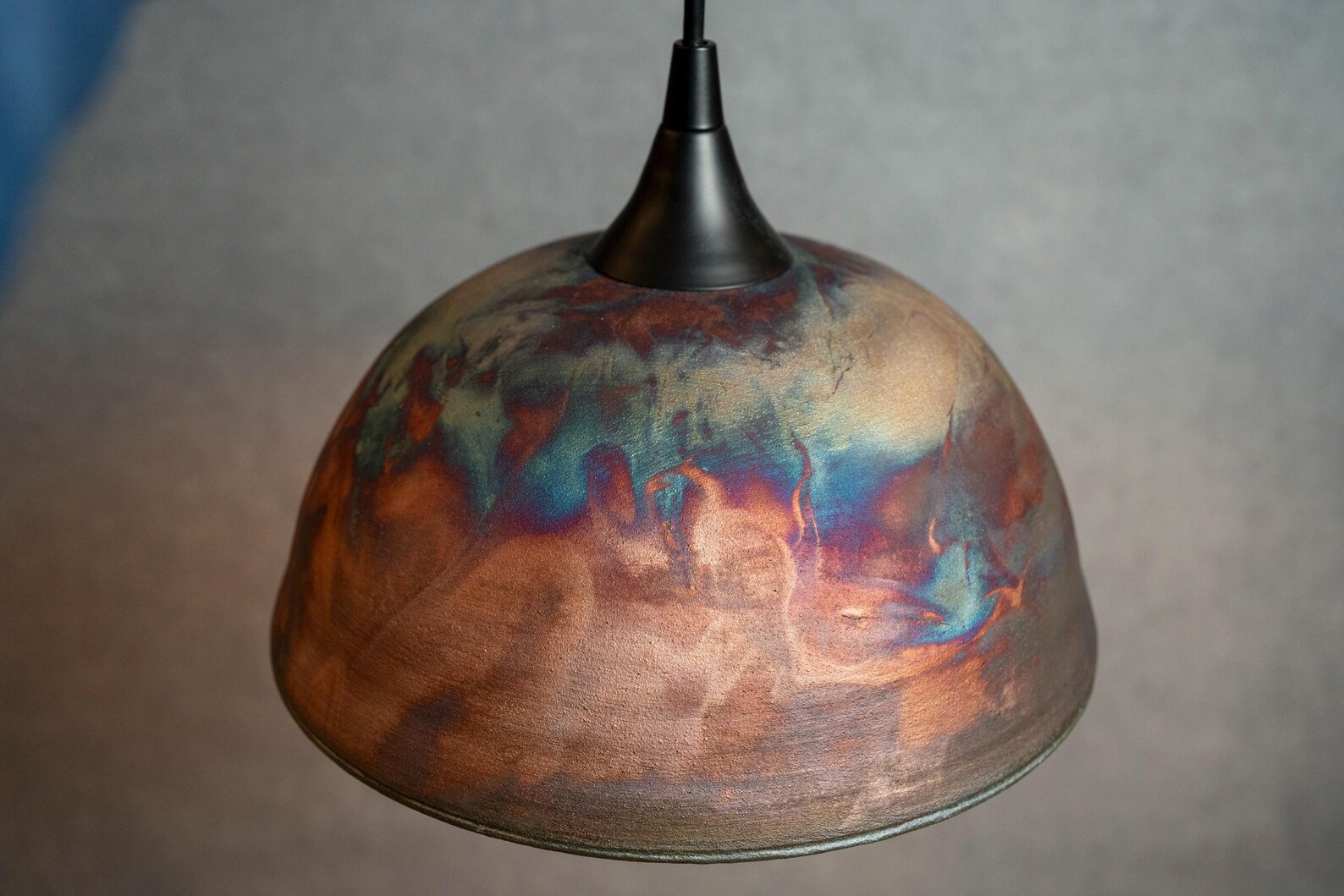 Custom Pottery Pendant Lights, Copper Raku With Red, Blue & Ash Accents ...