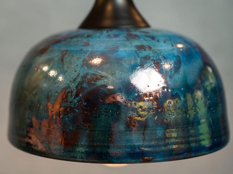 Pendant Light, Lapis Blue, Raku Fired Ceramic Hanging Lamp, Reflective ...