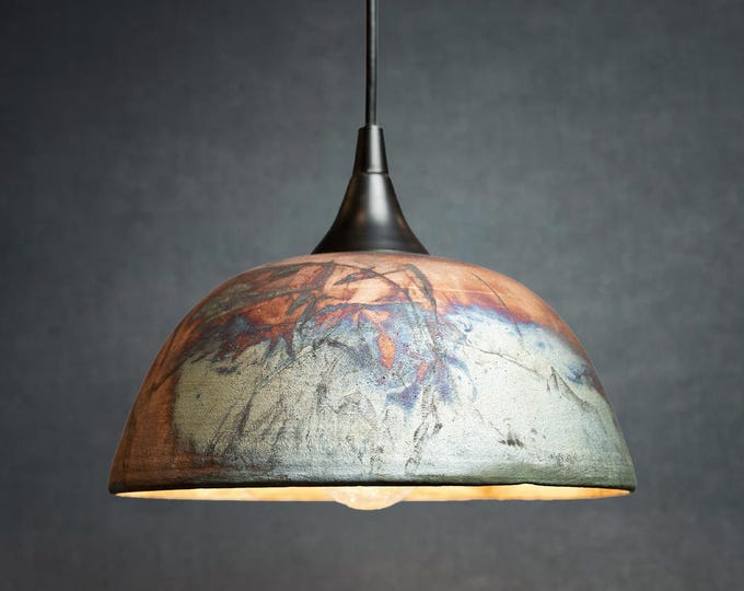 Raku Ceramic Pendant Light: Light Blue Pottery Shade With Copper ...